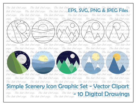 Simple Landscape Icon Vector Clipart Set / Outline & Colored | Etsy