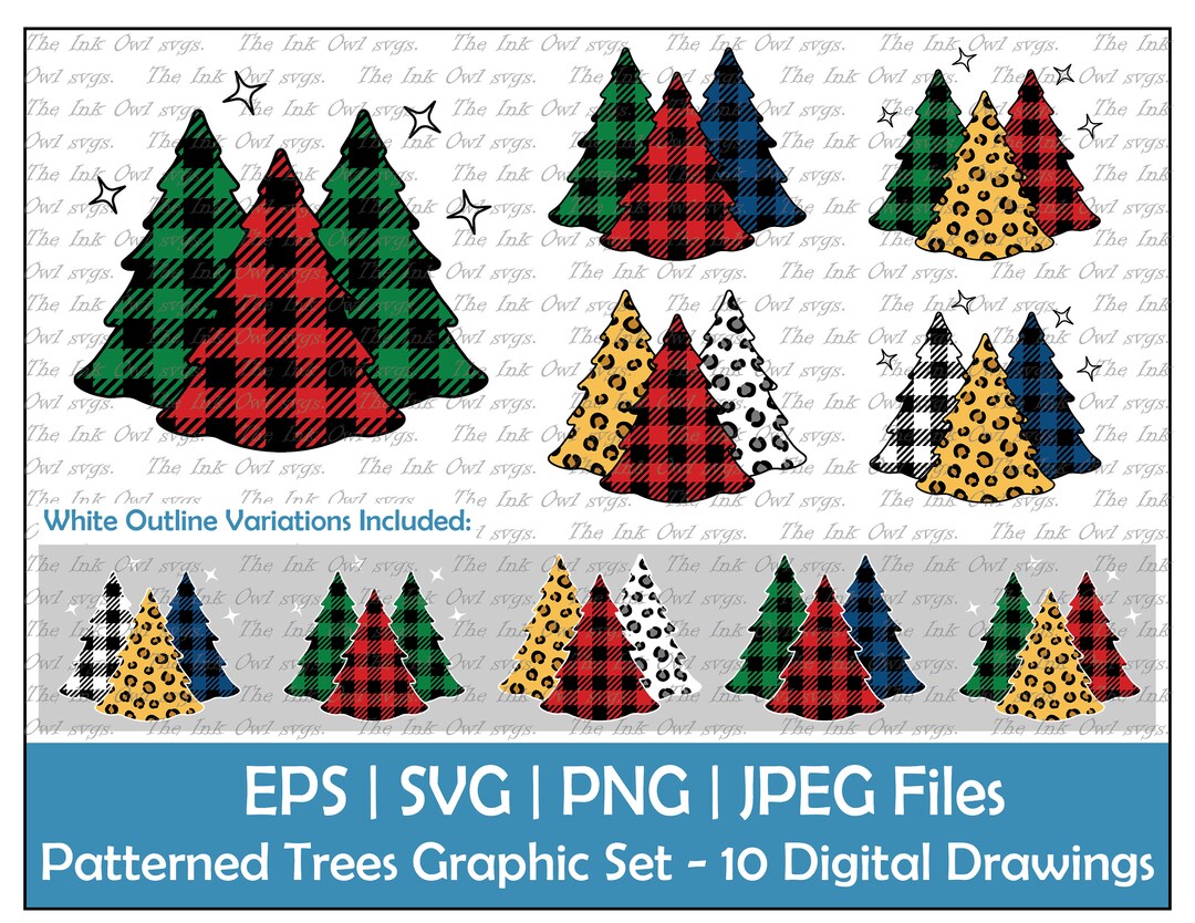 Plaid & Leopard Pine Tree Design Clipart Set / Outline, Silhouette and ...