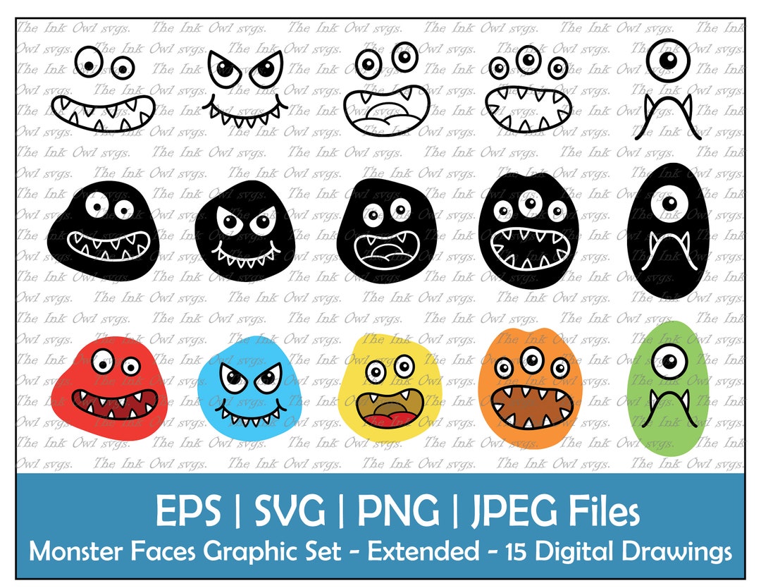 Monster Faces Vector Clipart Set / Outline, Stamp & Color Drawing ...