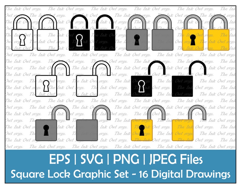 Square Lock Vector Clipart / Outline & Stamp Drawing Graphic / Open and ...