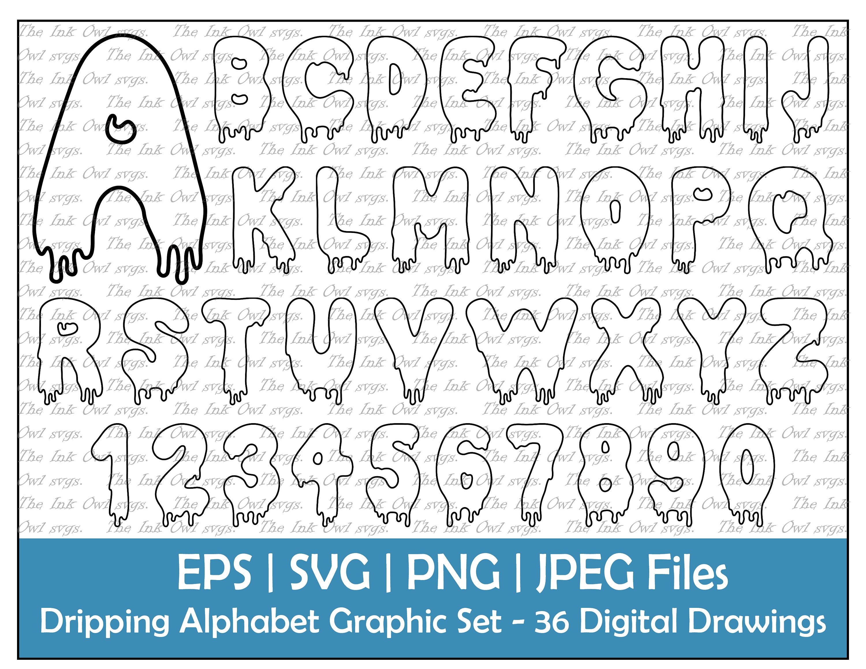 Drip Letter Alphabet and Numbers Vector Clipart Set / Outline Text ...