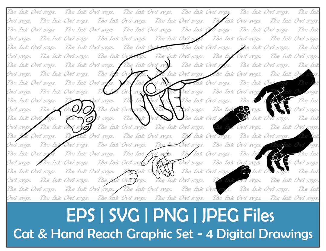 Cat Paw and Hand Reaching Clipart Set / Outline & Silhouette Stamp ...