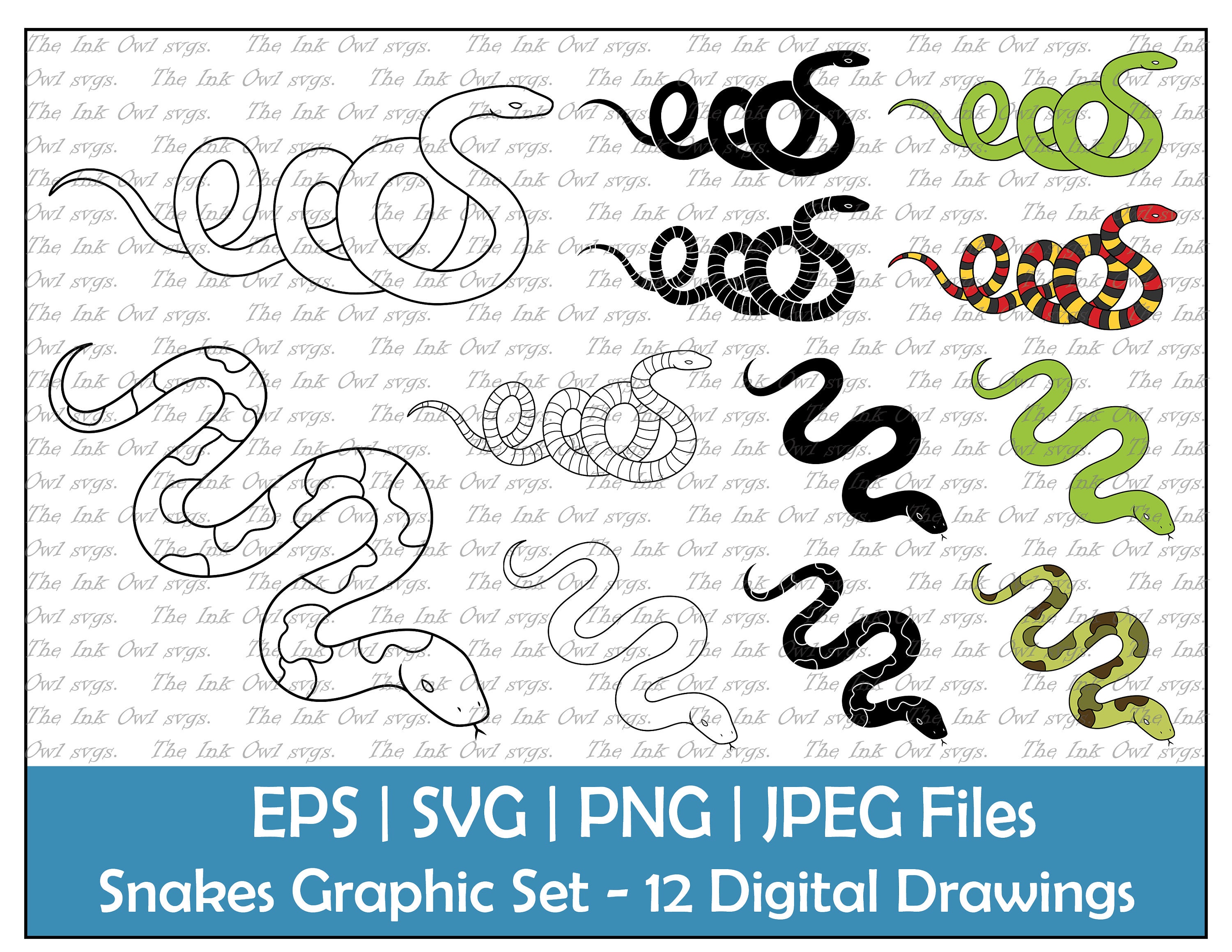 Snake Clipart Set / Outline Silhouette Stamp & Color Drawing - Etsy