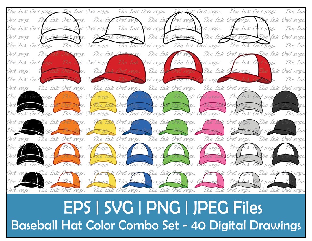 Colored Baseball Hat Combo Clipart Set / Outline, Silhouette Stamp ...