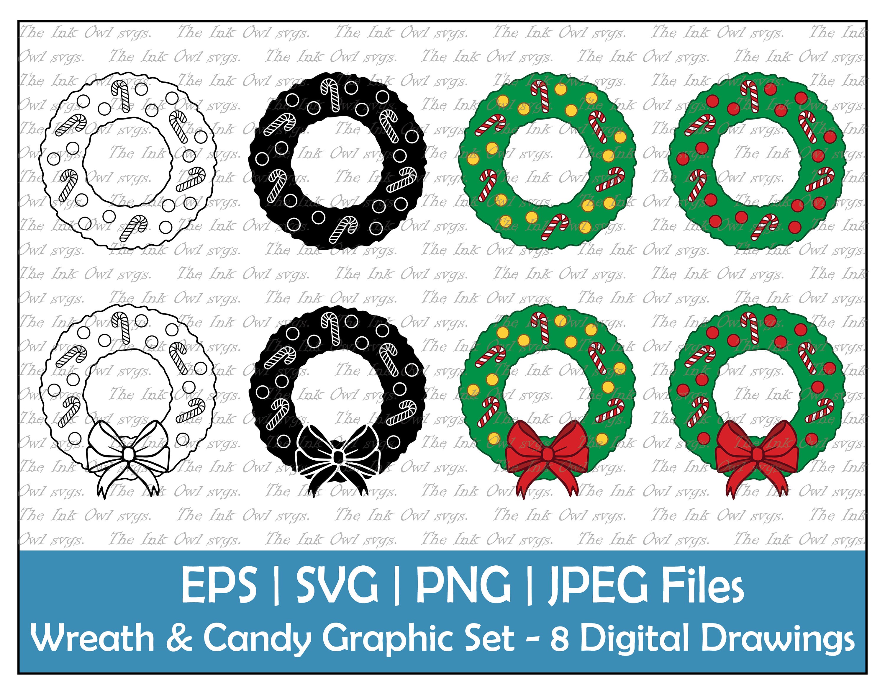 Wreath With Candy Canes and Bow Vector Clipart Set / Outline & - Etsy