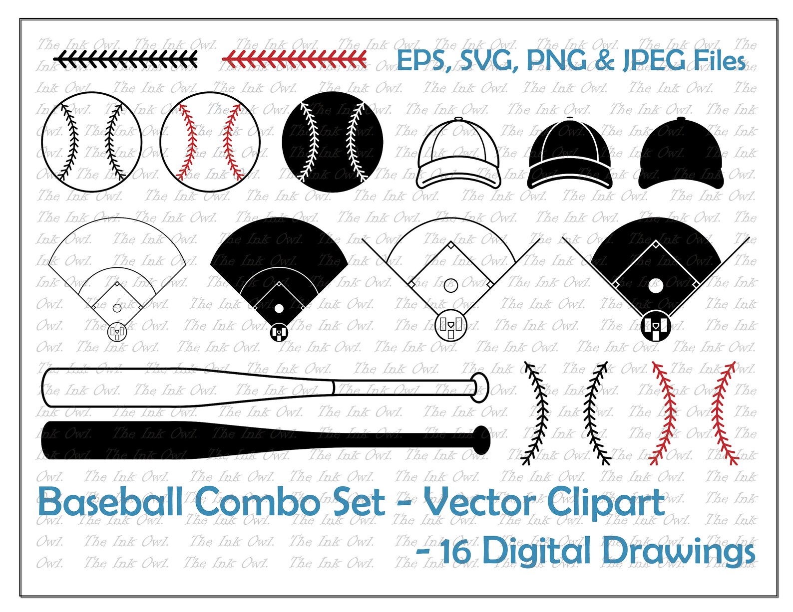 Baseball Combo Vector Clipart Set / Outline & Stamp Drawing - Etsy