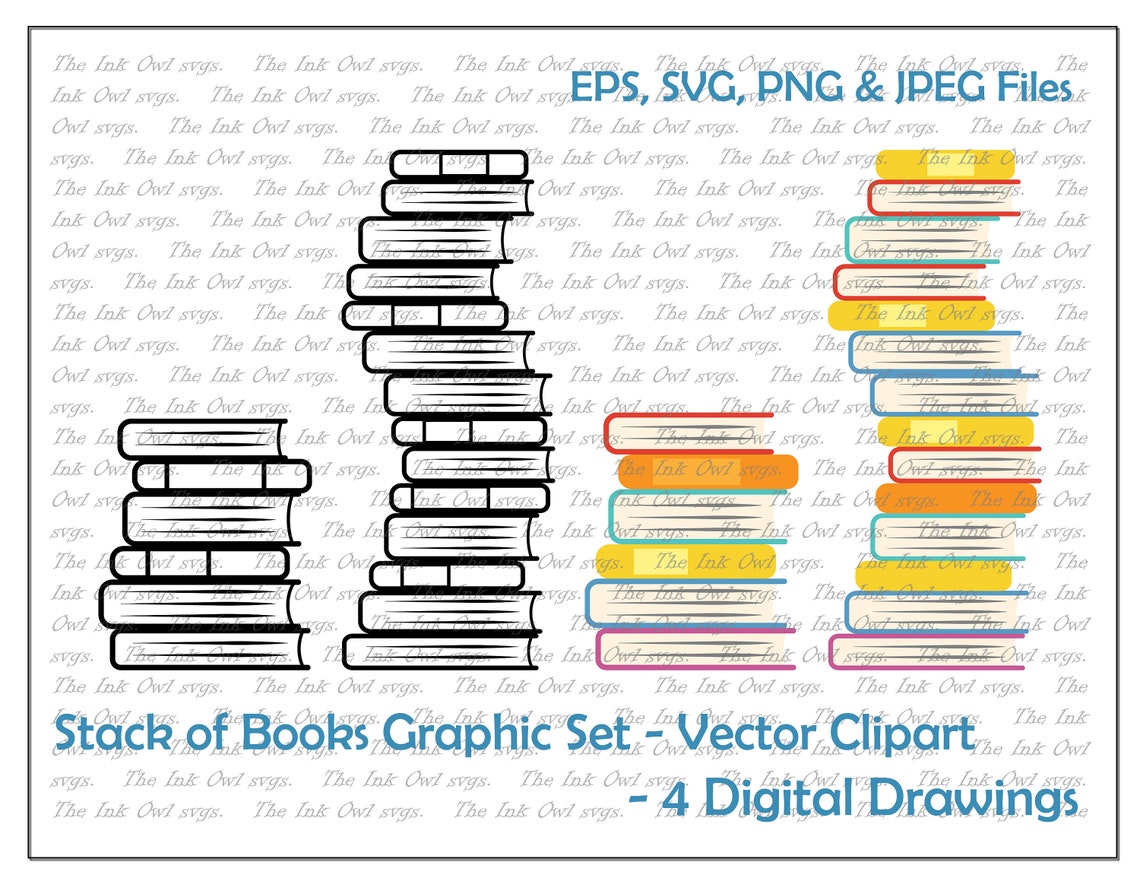 Stack of Books Vector Clipart Set / Outline & Colored Drawing - Etsy