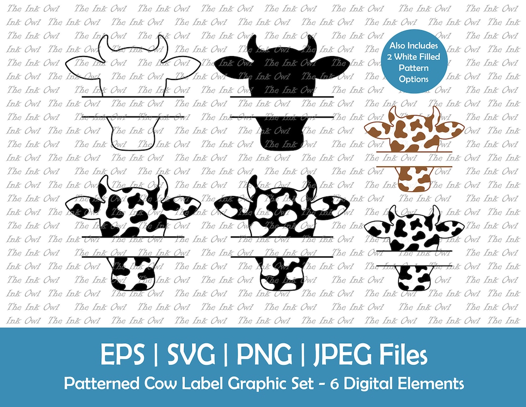 Cow Print Head Split Label Clipart Set / Outline, Silhouette & Color ...
