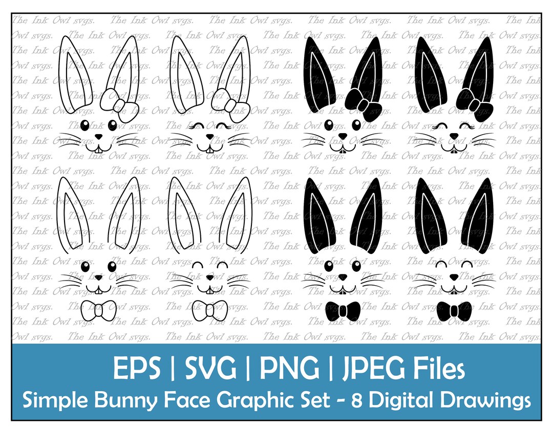 Bunny Rabbit Face Vector Clipart Set / Outline & Stamp Drawing Graphic ...