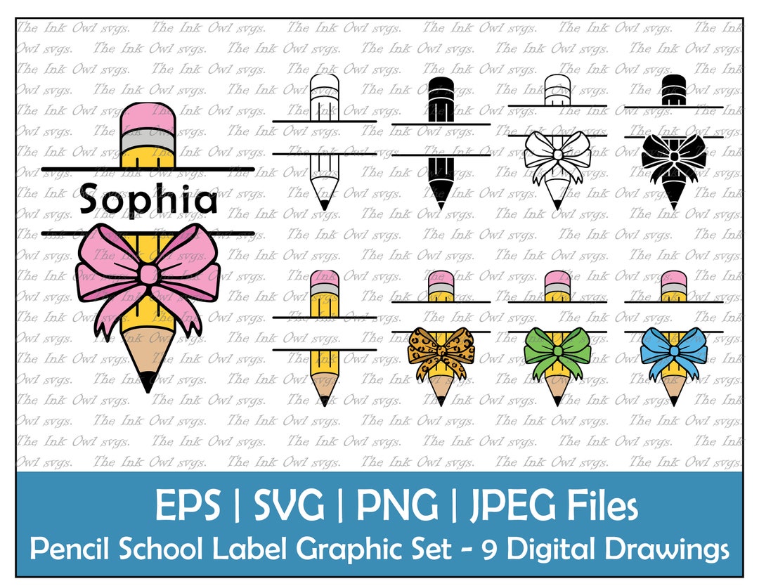 Back to School Pencil Name Label With Bow Vector Clipart / Outline ...