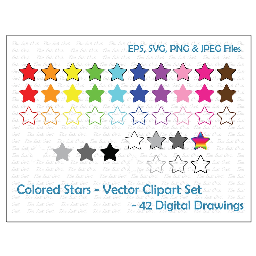 Rainbow Star Vector Clipart Set / Outline and Color Silhouette Graphics ...