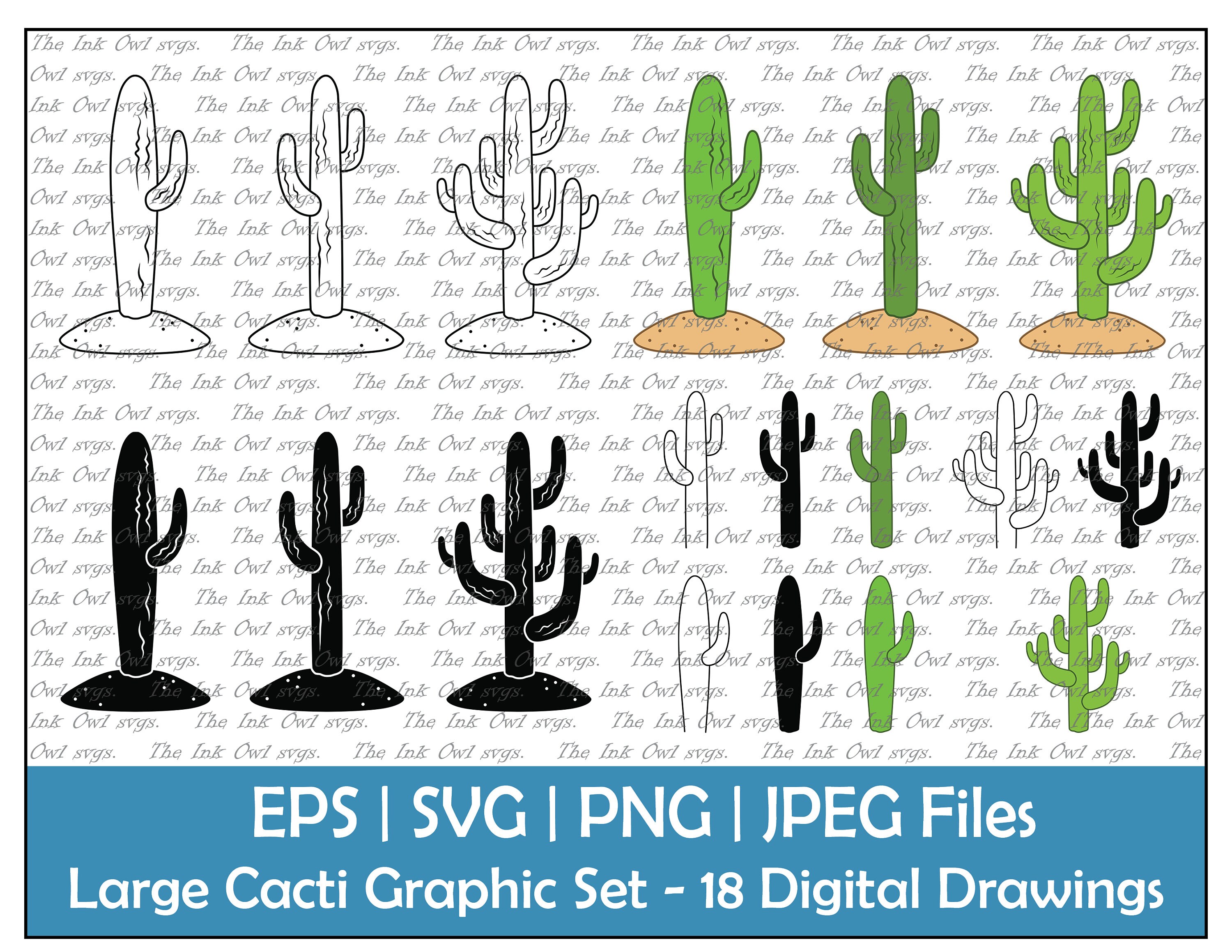 Desert Cactus Vector Clipart / Outline, Silhouette & Color Drawing ...