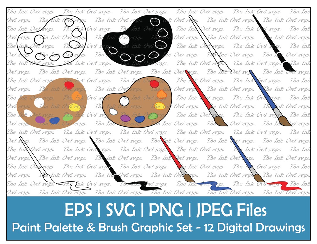 Paint Palette and Paintbrush Vector Clipart Set / Outline, Silhouette ...