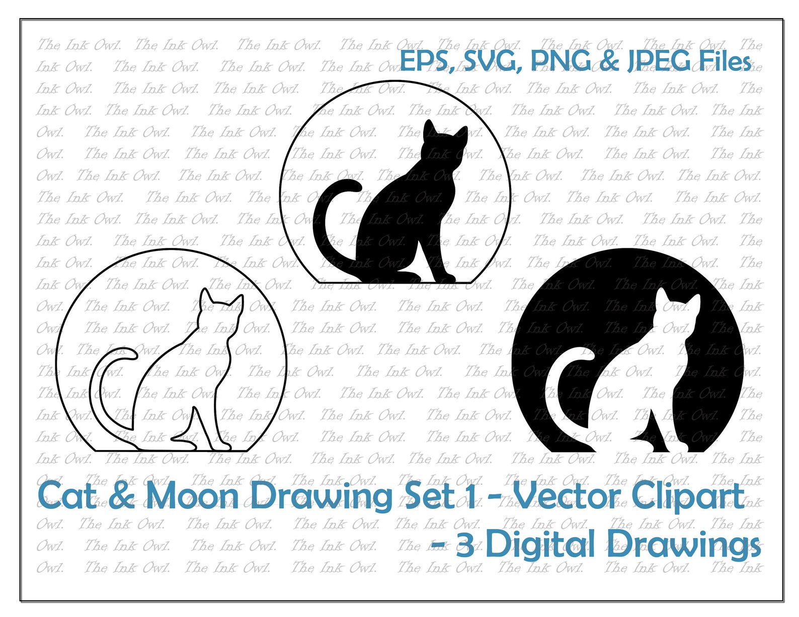 Cat in the Moon Vector Clipart / Outline & Silhouette Drawing Graphic ...