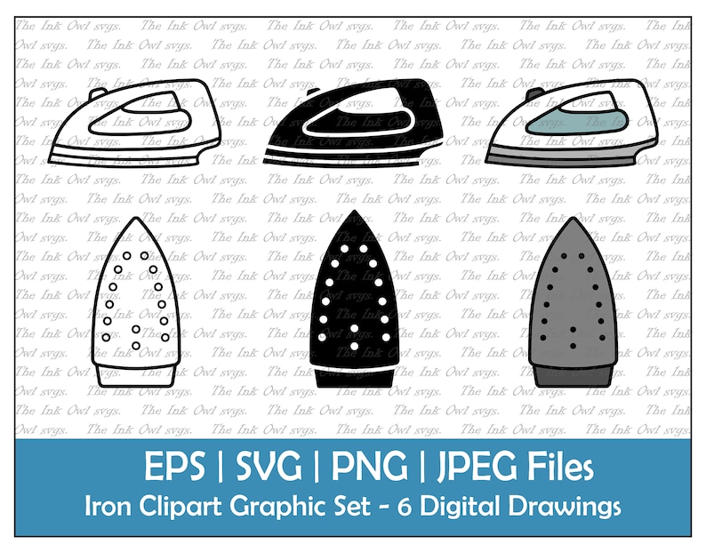 Clothing Iron Vector Clipart Set / Outline and Stamp Digital Drawing ...