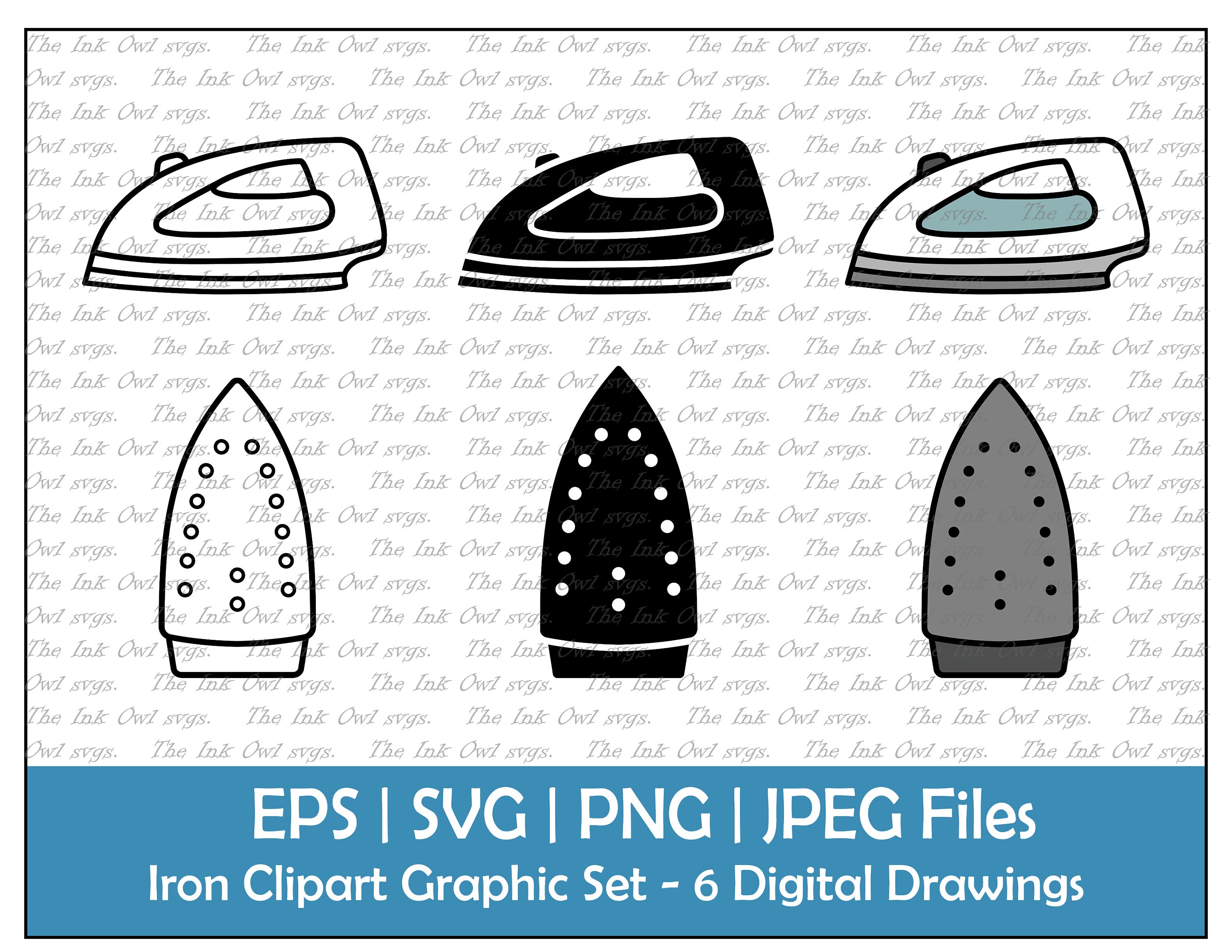 Clothing Iron Vector Clipart Set / Outline and Stamp Digital Drawing ...