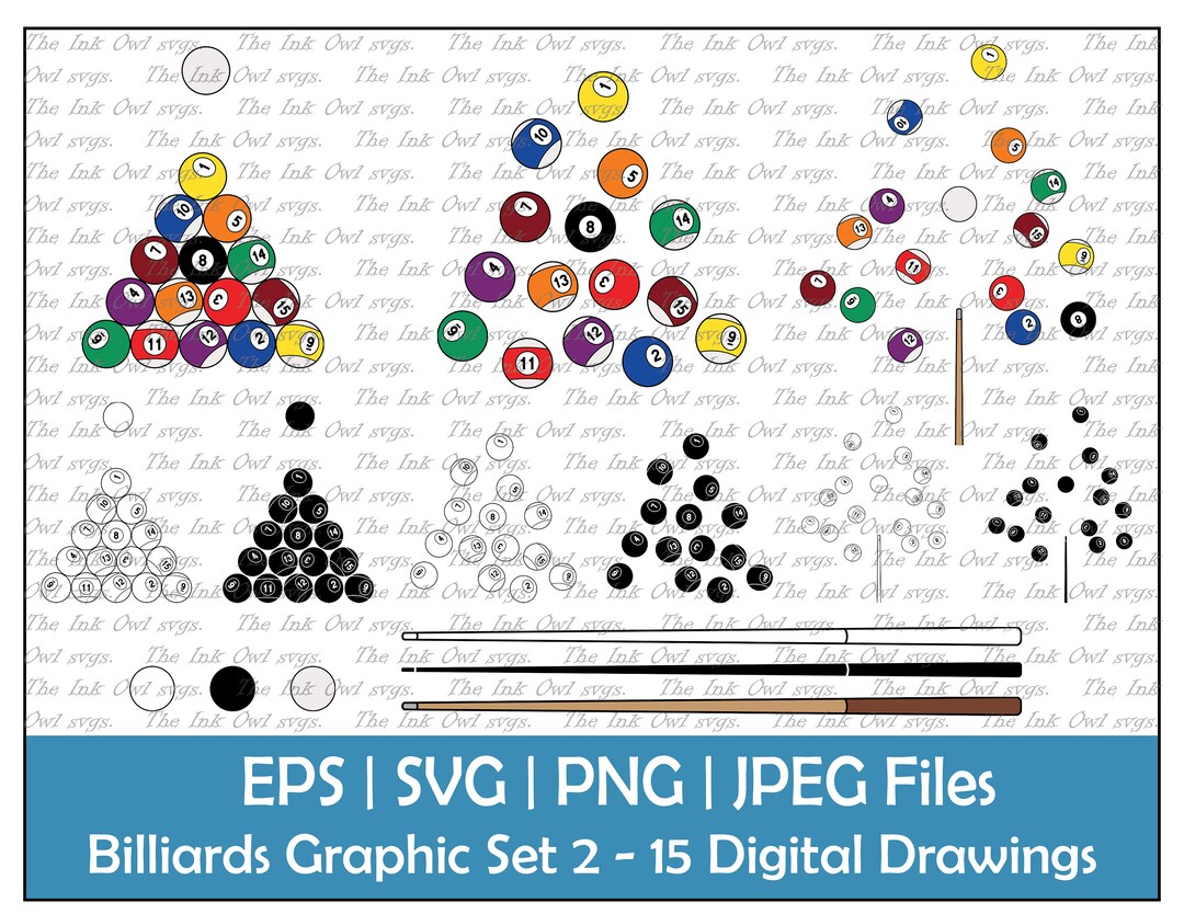 Billiards or Pool Break Vector Clipart Set / Outline, Stamp & Color ...