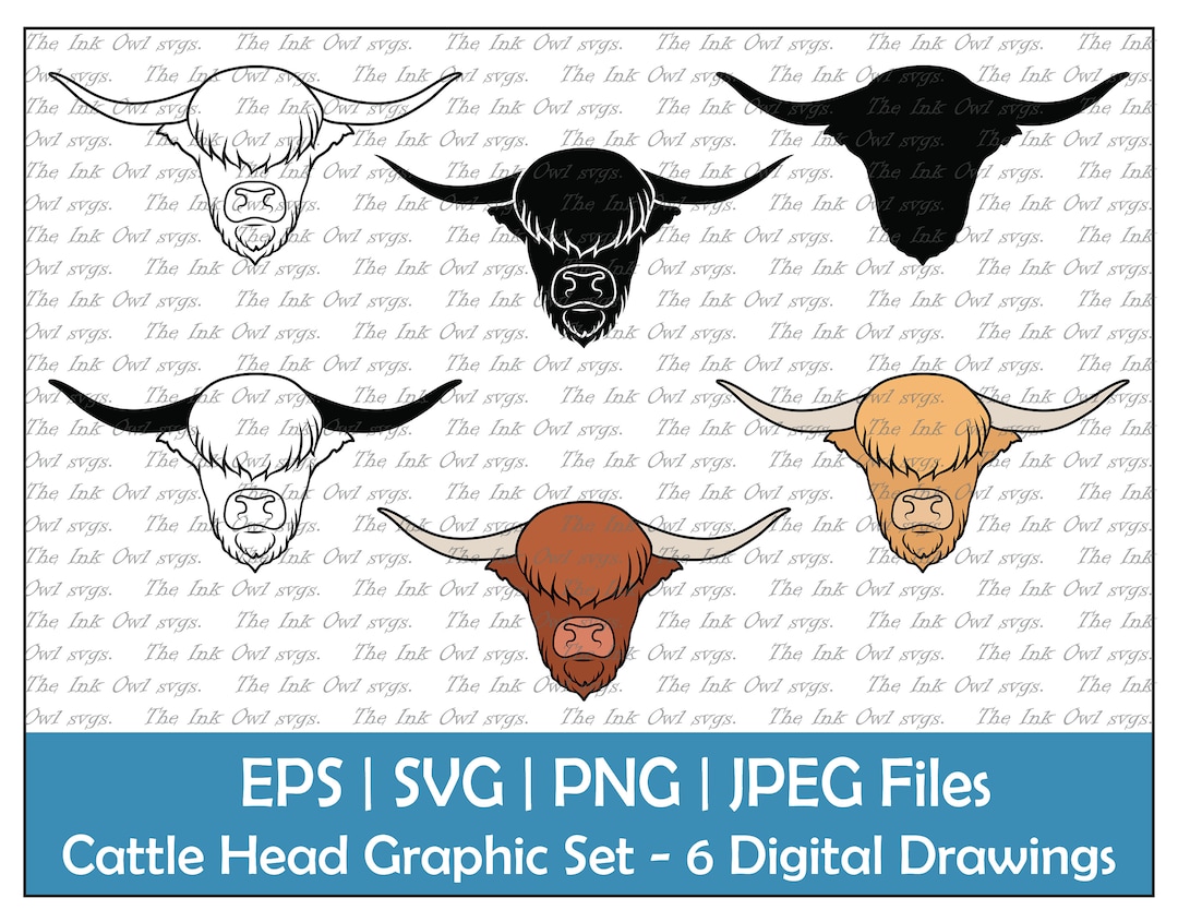 Highland Cattle Cow Head Vector Clipart Set / Outline, Silhouette Stamp ...