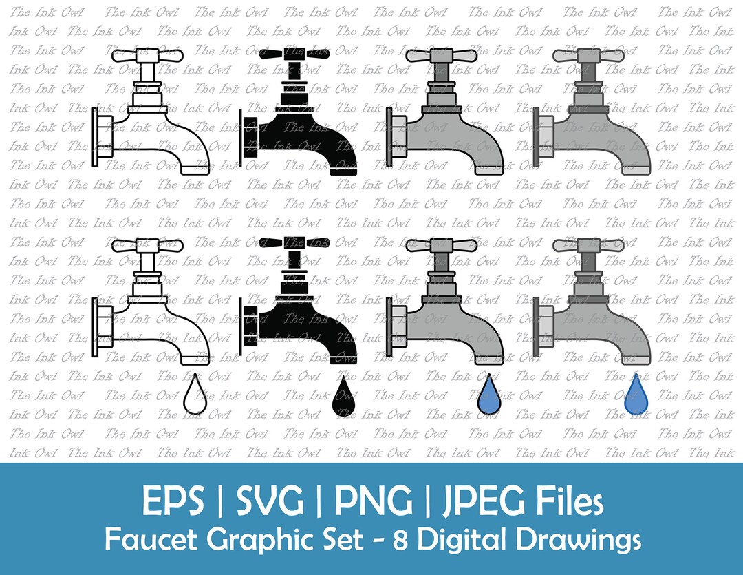 Water Faucet Vector Clipart Set / Outline, Silhouette Stamp & Color ...