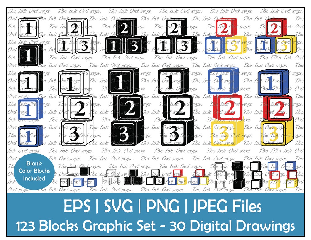 123 Number Blocks Vector Clipart Set / Outline, Silhouette Stamp ...