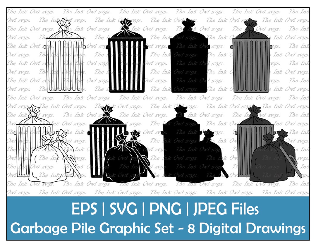 Garbage Can and Trash Pile Vector Clipart / Outline & Stamp Graphic ...