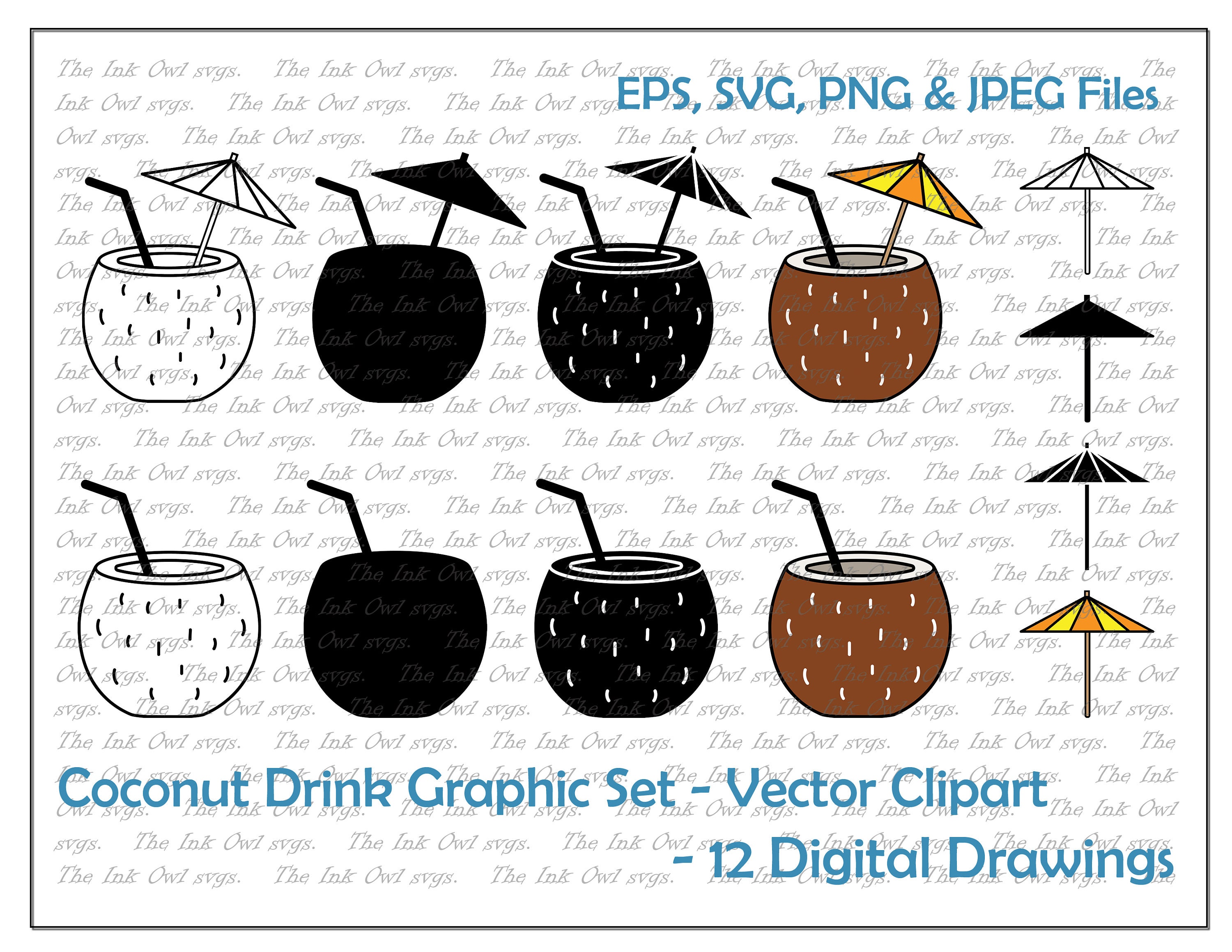 Coconut Drink Vector Clipart / Outline &Silhouette Graphic / | Etsy