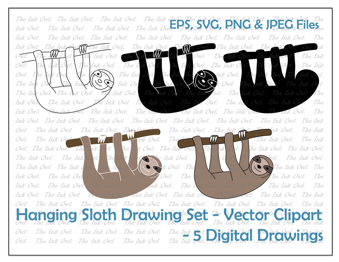 Hanging Sloth Vector Clipart Set / Outline & Stamp Drawing ...