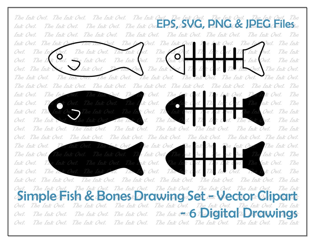 Simple Fish and Fishbone Vector Clipart / Outline & Stamp Drawing ...