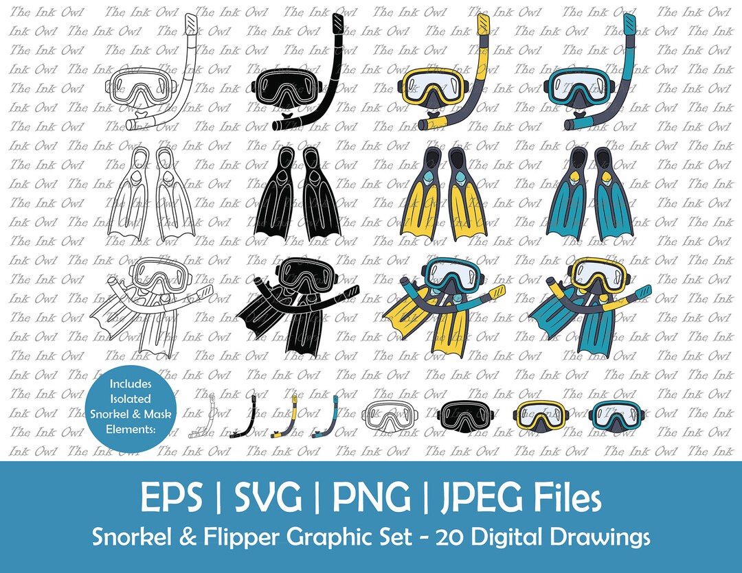 Snorkel Mask and Flipper Vector Clipart Set / Outline, Silhouette Stamp ...