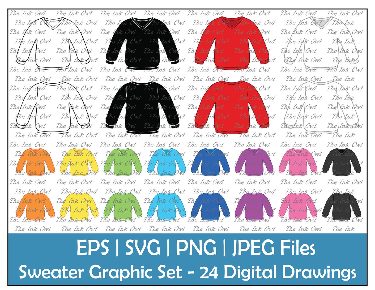 Sweater Vector Clipart Set / Outline, Silhouette & Color Drawing ...