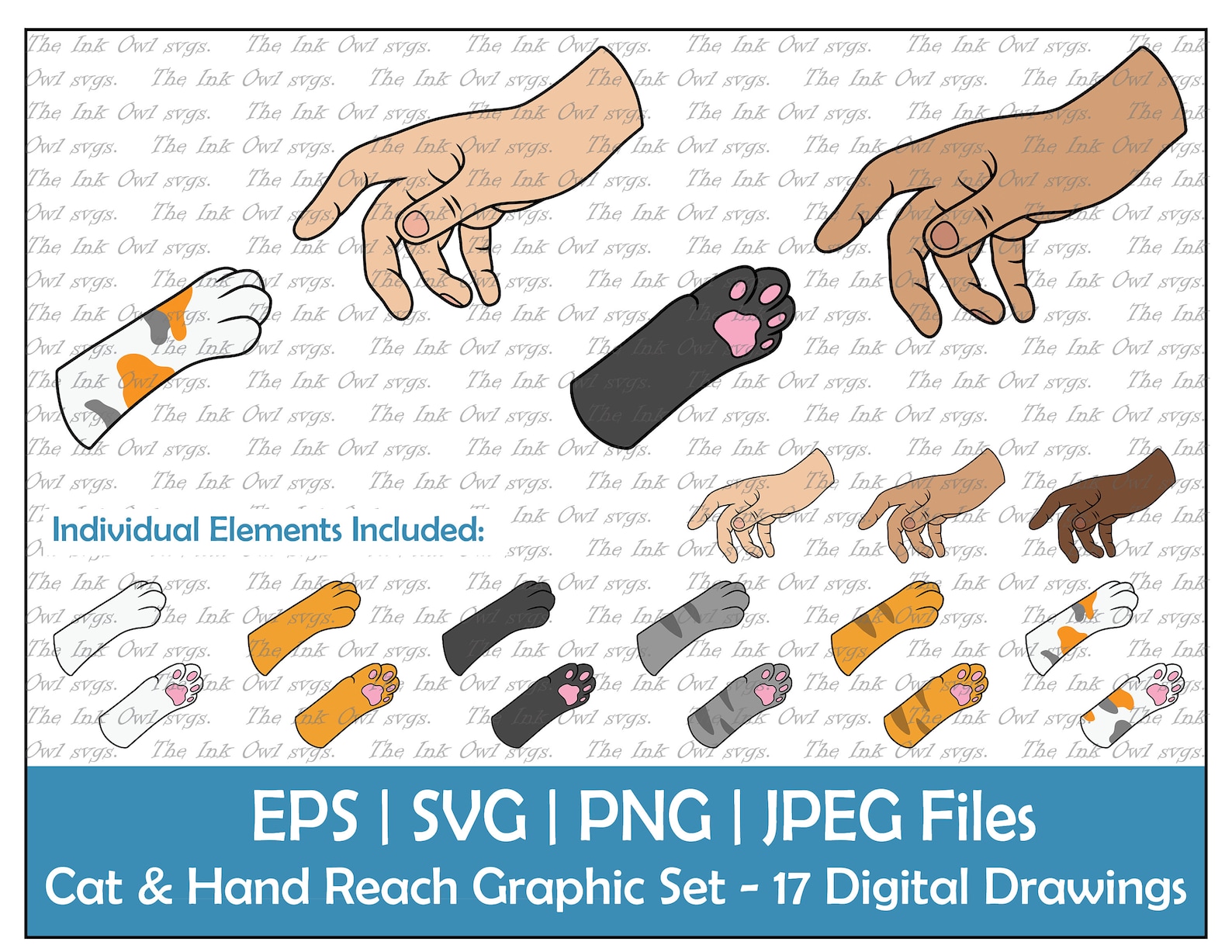 Cat Paw and Hand Reaching Clipart Set / Color Stamp Drawing Graphic ...
