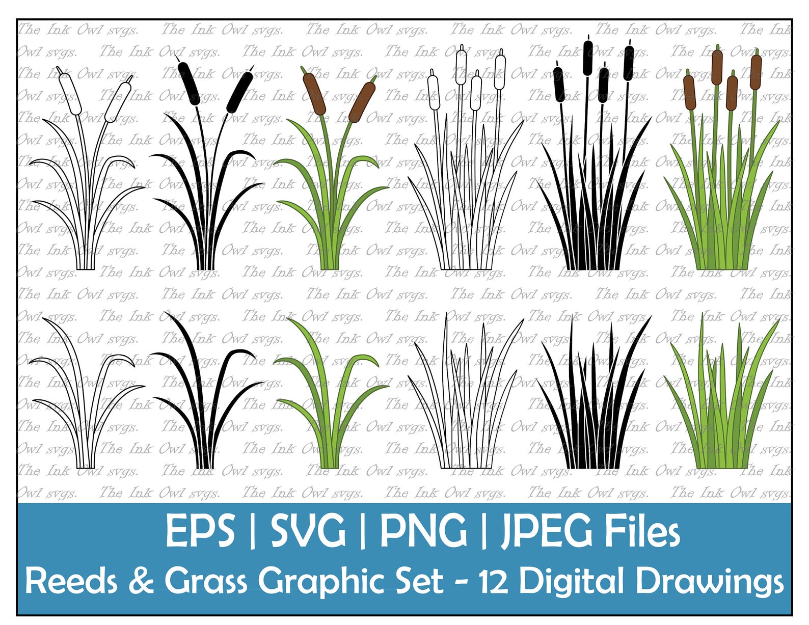 Cattail Reeds and Grass Vector Clipart Set / Outline & Stamp Drawing ...