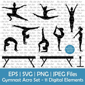 Gymnastics Acrobat With Balance Beam Apparatus Silhouette Poses Vector ...