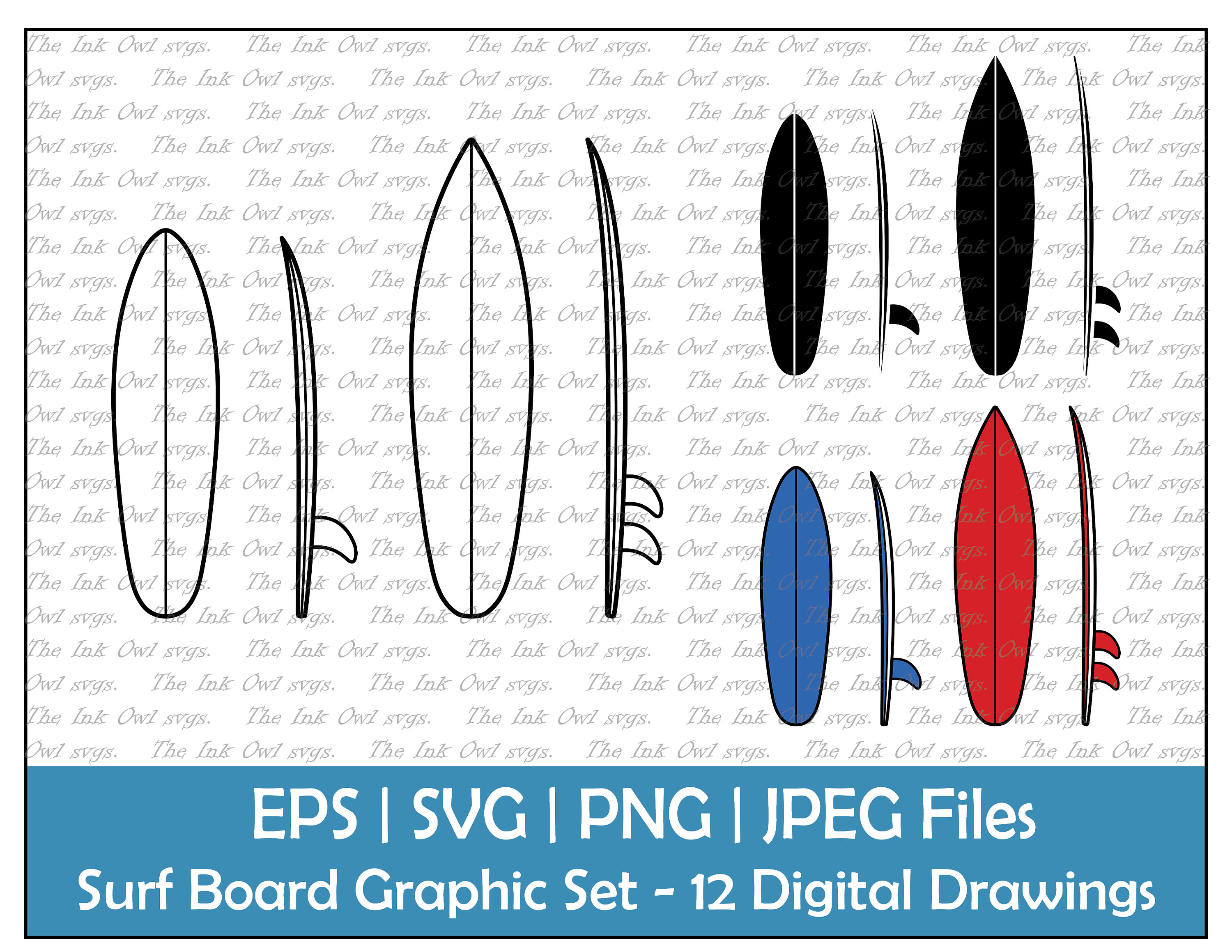 Surfboard Vector Clipart / Outline, Stamp & Color Graphic / Water ...