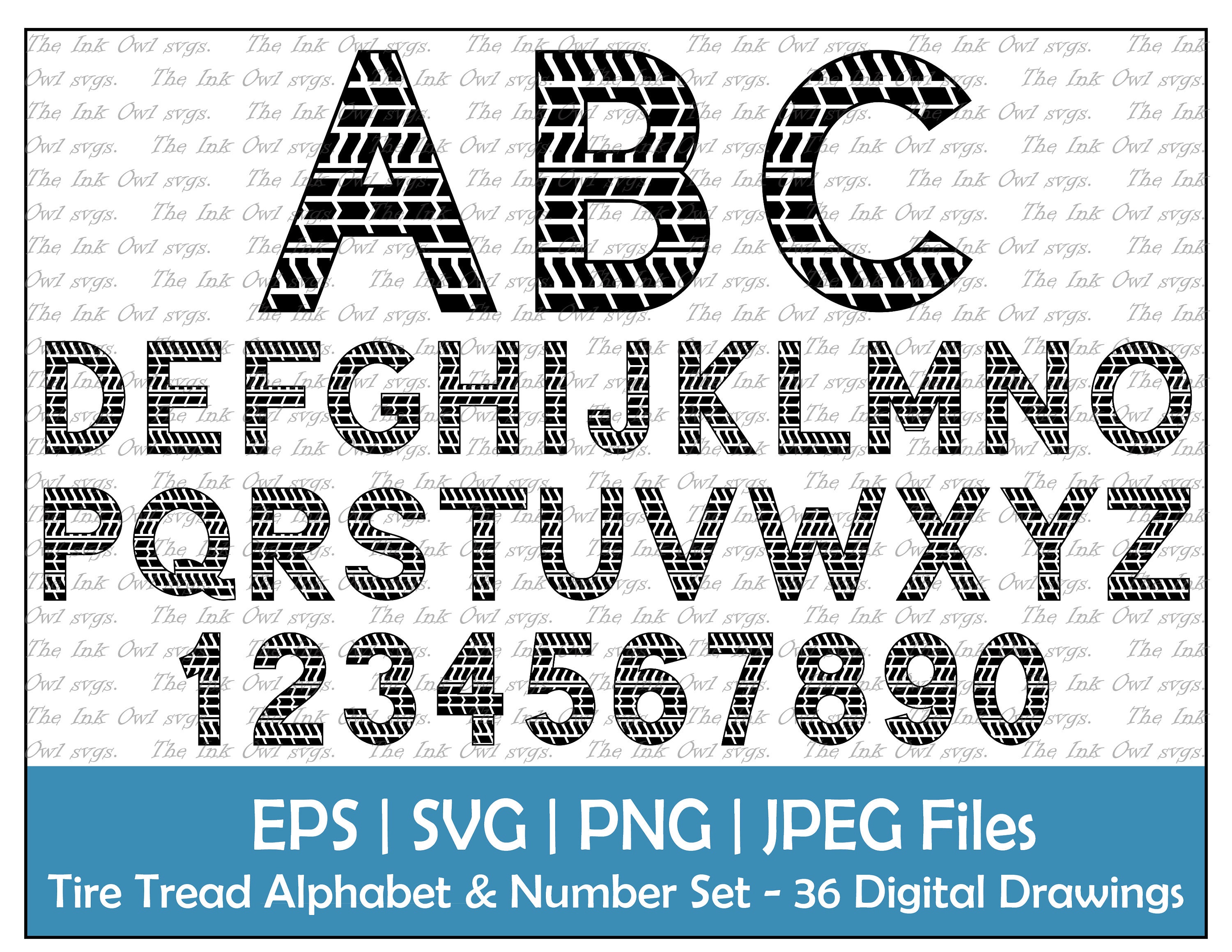 Tire Track Tread Letter Alphabet and Numbers Vector Clipart / Outline ...
