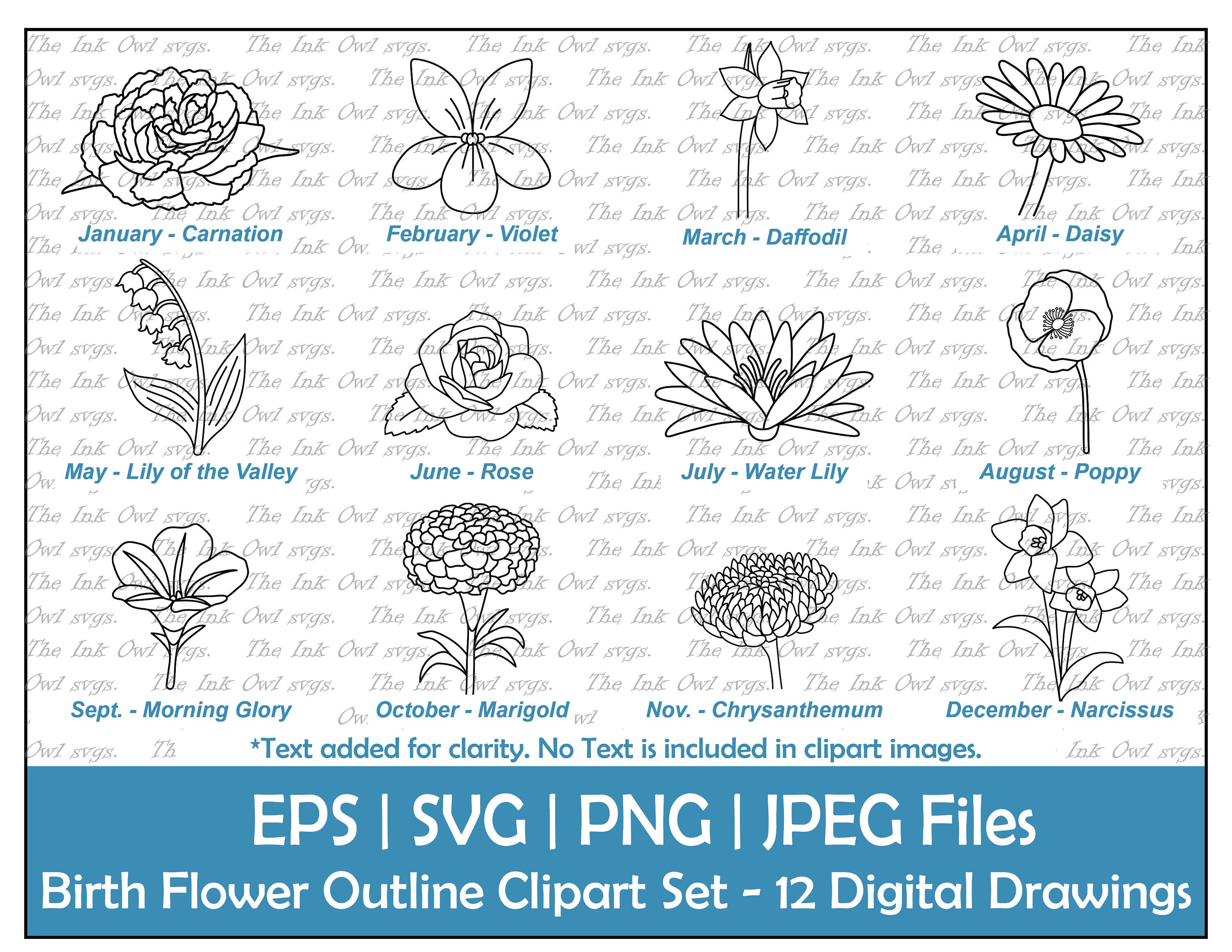 Birth Flower Vector Clipart Set / Outline Drawing Graphic / - Etsy