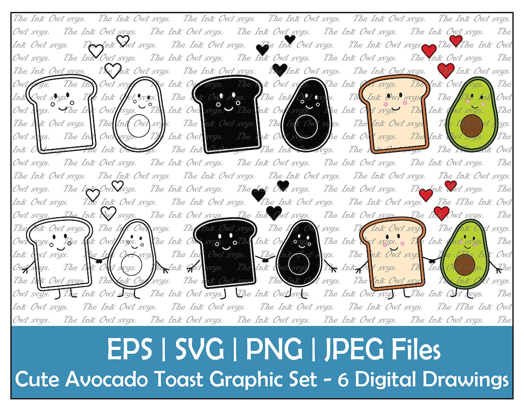 Cute Avocado & Toast Vector Clipart / Outline, Silhouette Stamp, Color ...