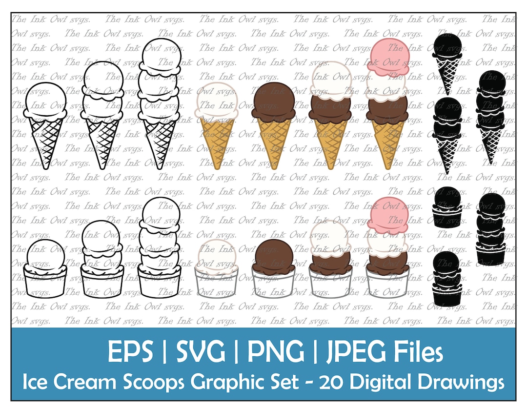Ice Cream Scoops in Cone and Cup Clipart Set / Outline, Silhouette ...