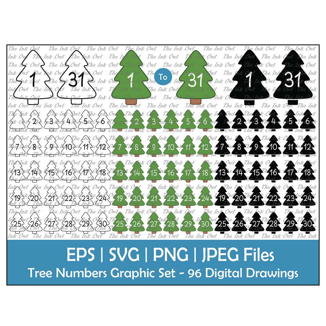 Christmas Tree Calendar Number Clipart Set / Outline, Silhouette ...