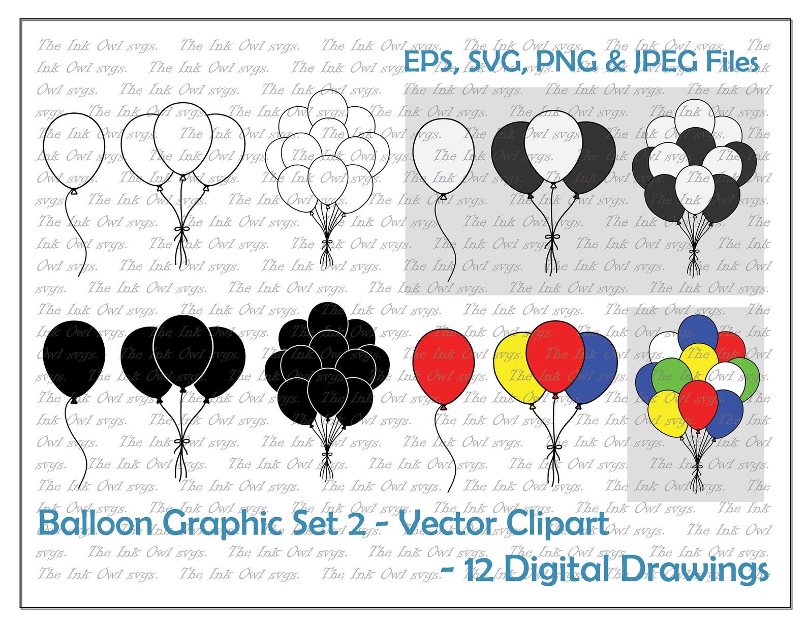 Balloons Vector Clipart Set / Outline, Stamp and Colored Graphics ...