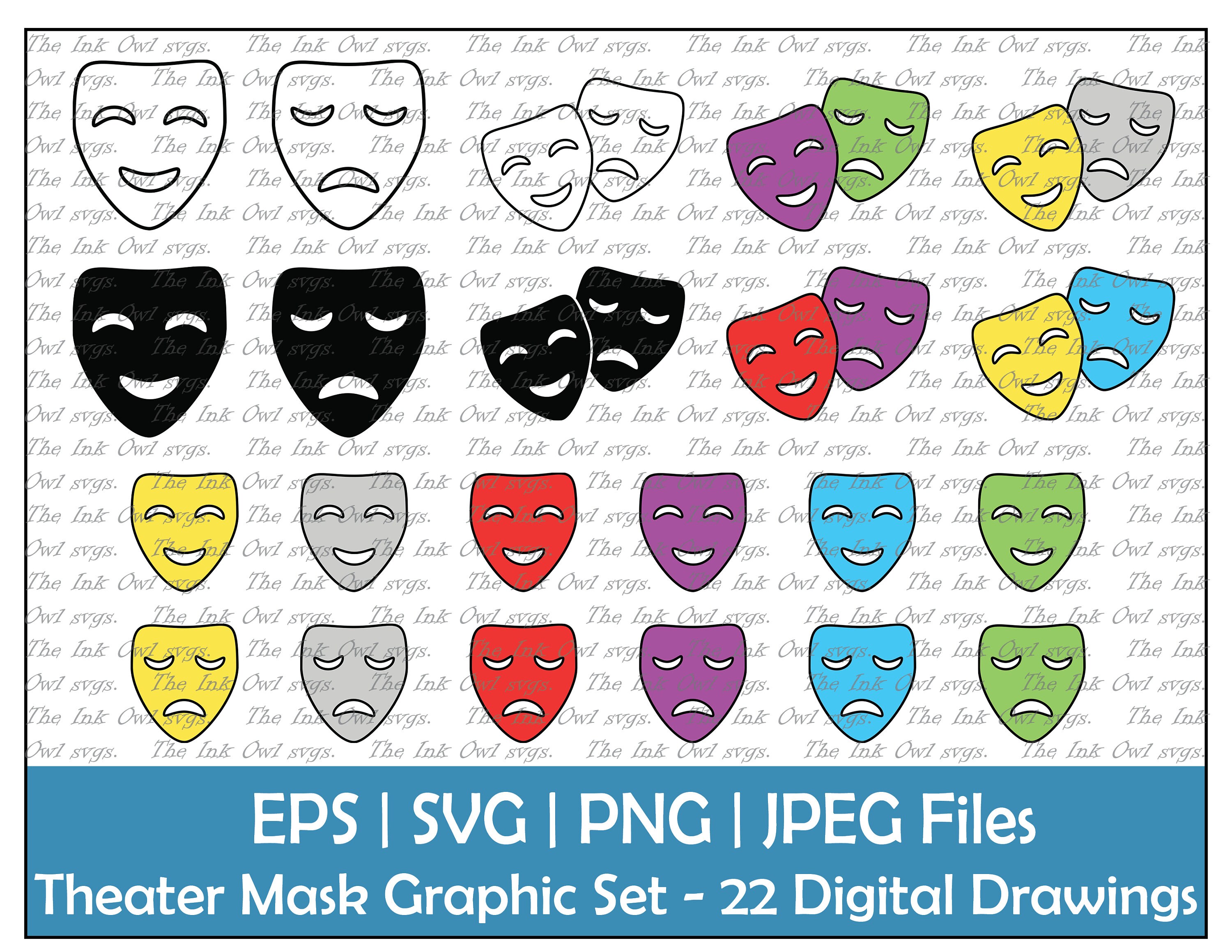 Set di clipart vettoriali maschera teatrale / contorno commedia e ...