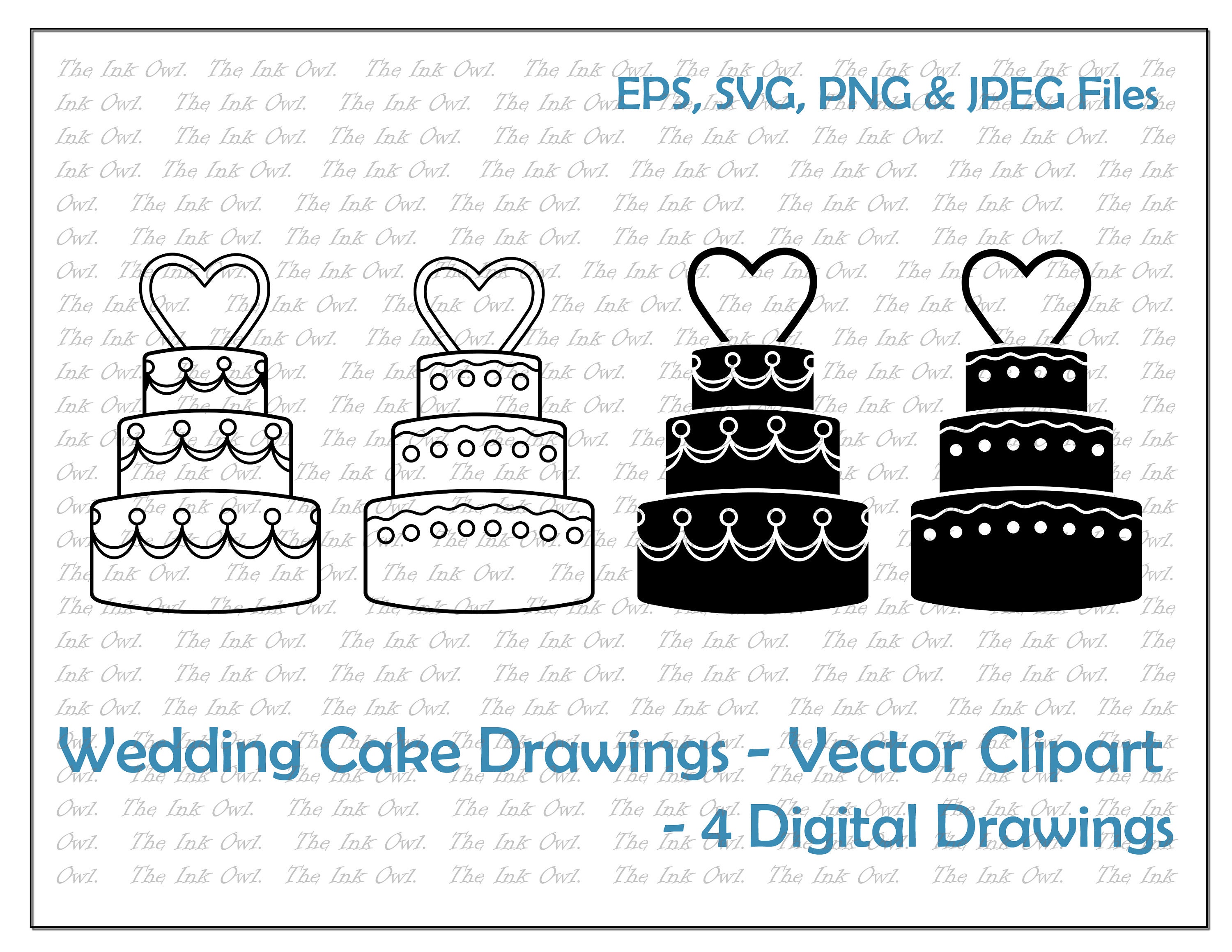 3 Tier Wedding Cake Vector Clipart / Outline & Stamp Drawing / | Etsy