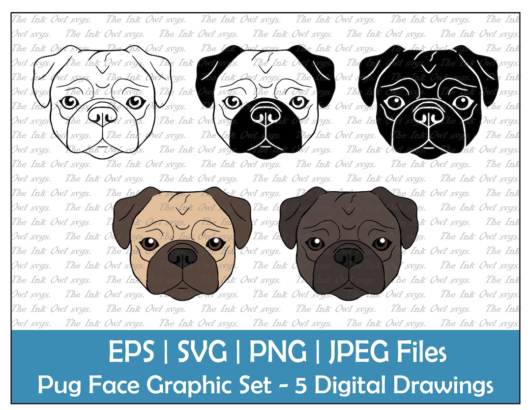 Cute Pug Face Vector Clipart Set / Outline, Stamp and Color Graphics ...
