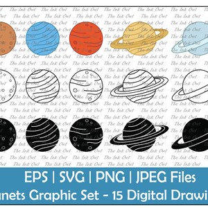 Planets Vector Clipart Set / Outline, Stamp & Color Digital Graphics ...