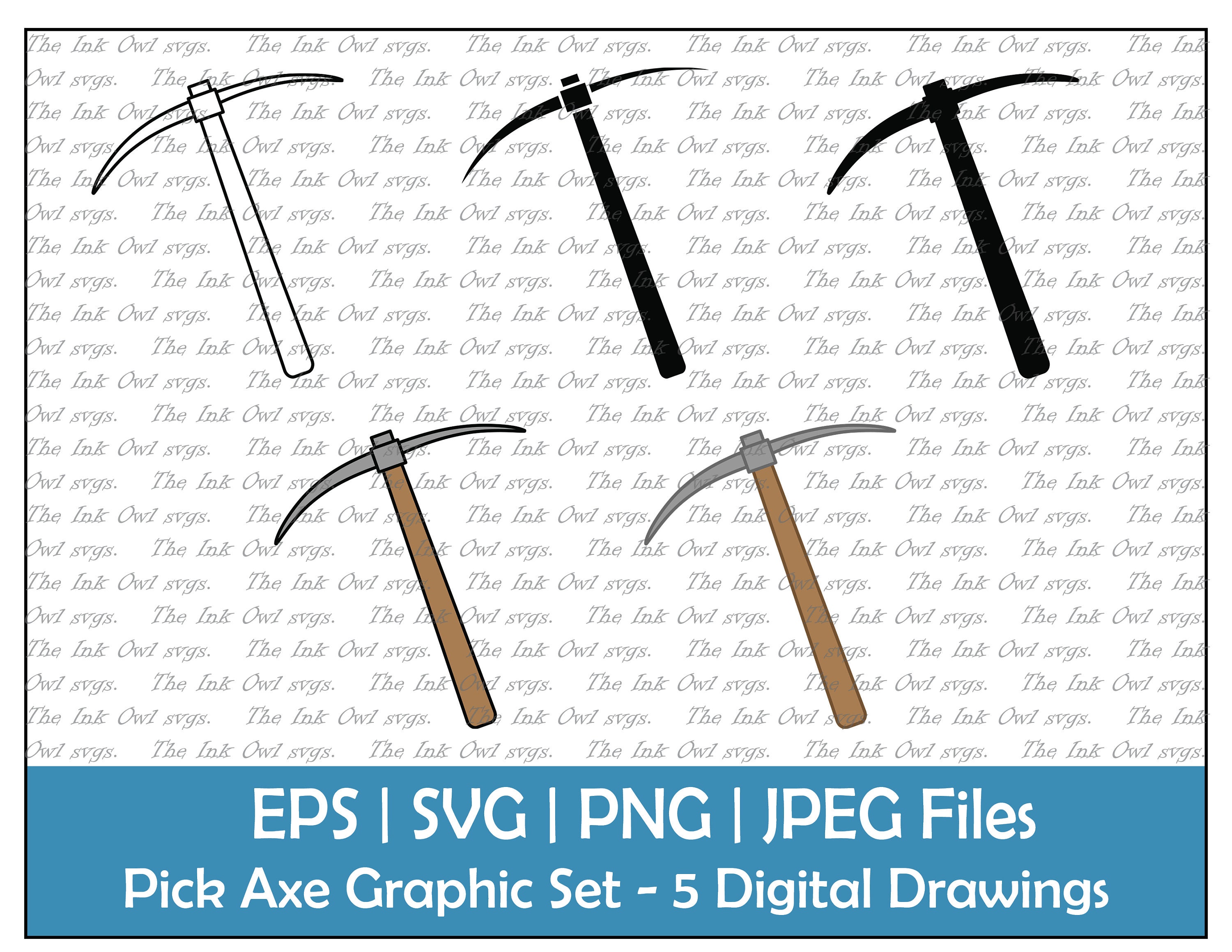 Pick Axe Vector Clipart Set / Outline, Silhouette Stamp & Color Drawing ...