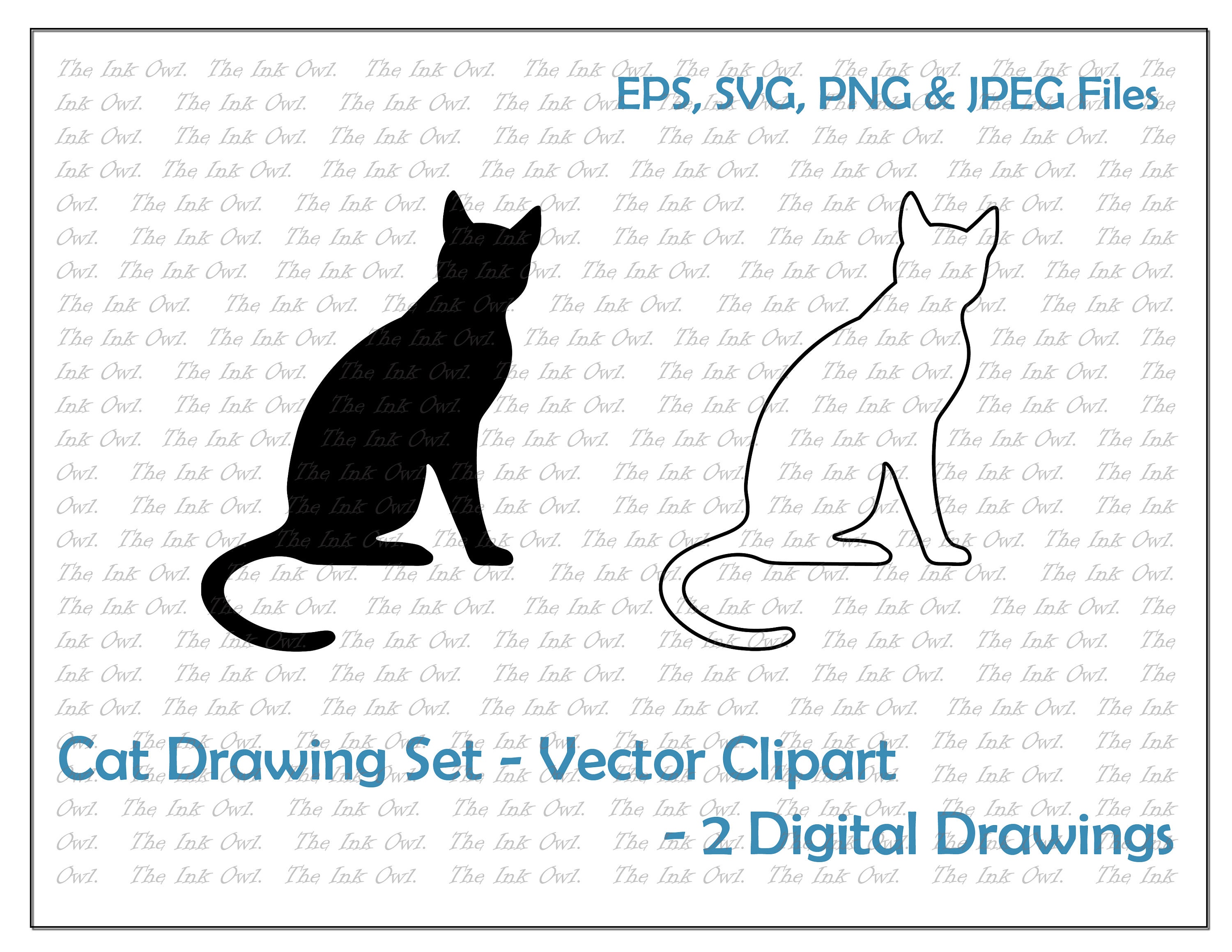 Cat Vector Clipart / Outline & Stamp Drawing Illustrations / | Etsy
