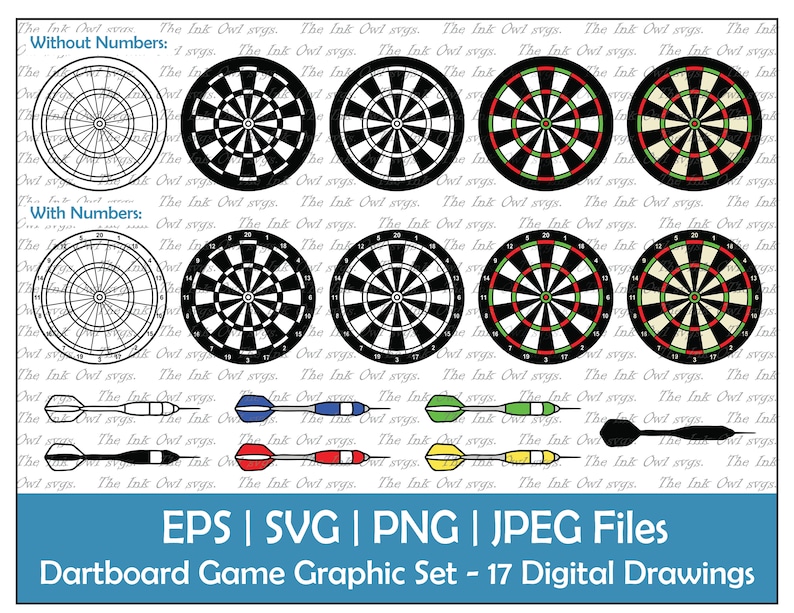 Dartboard Game With Darts Clipart Set / Outline, Silhouette Stamp ...