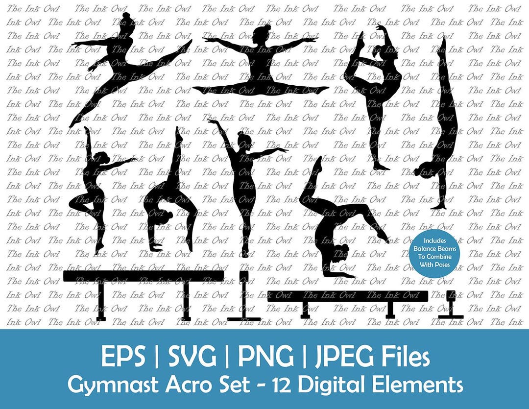 Gymnast Acrobat With Balance Beam Apparatus Silhouette Poses Vector ...