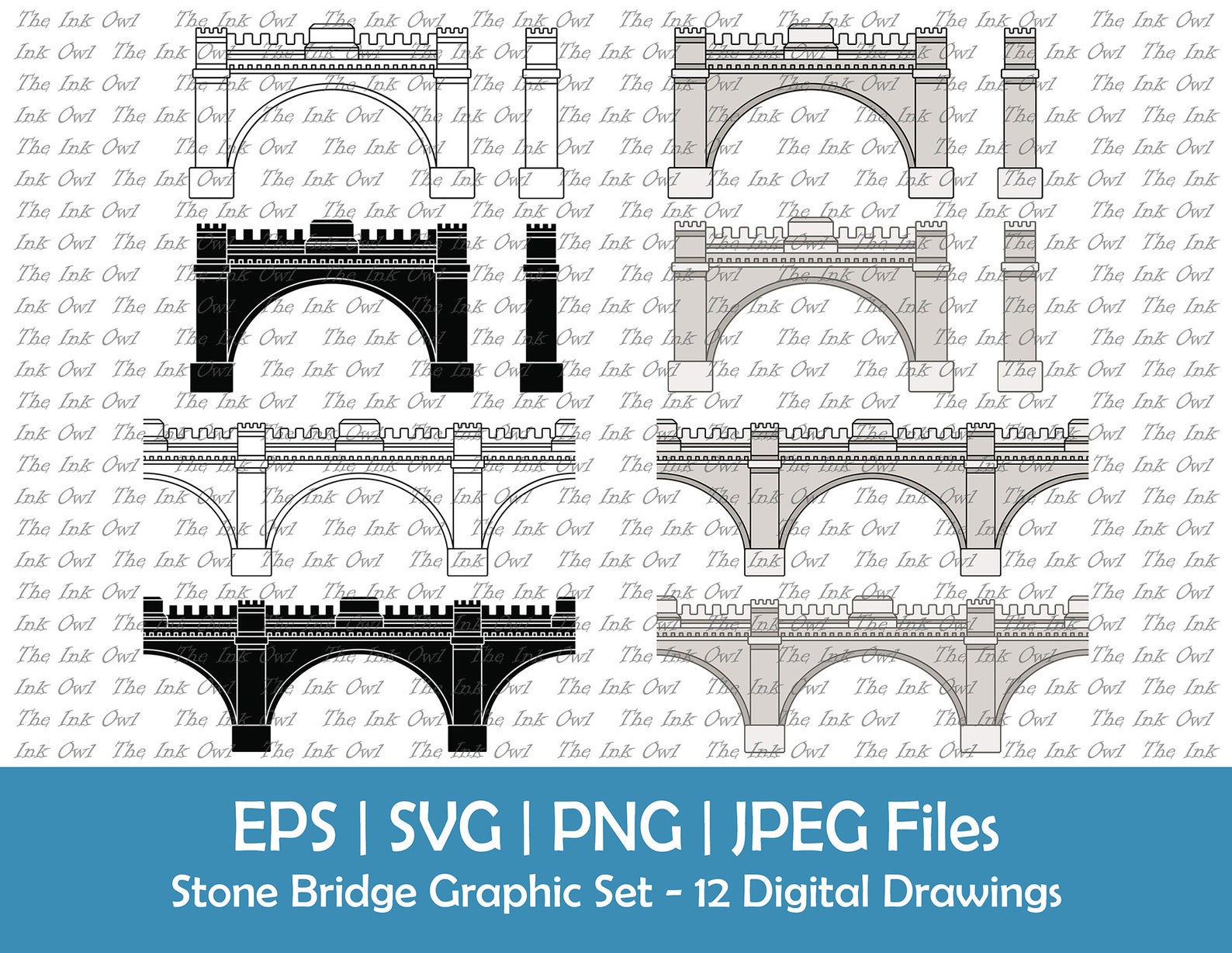 Stone Bridge Vector Clipart Set / Outline, Silhouette Stamp & Color ...