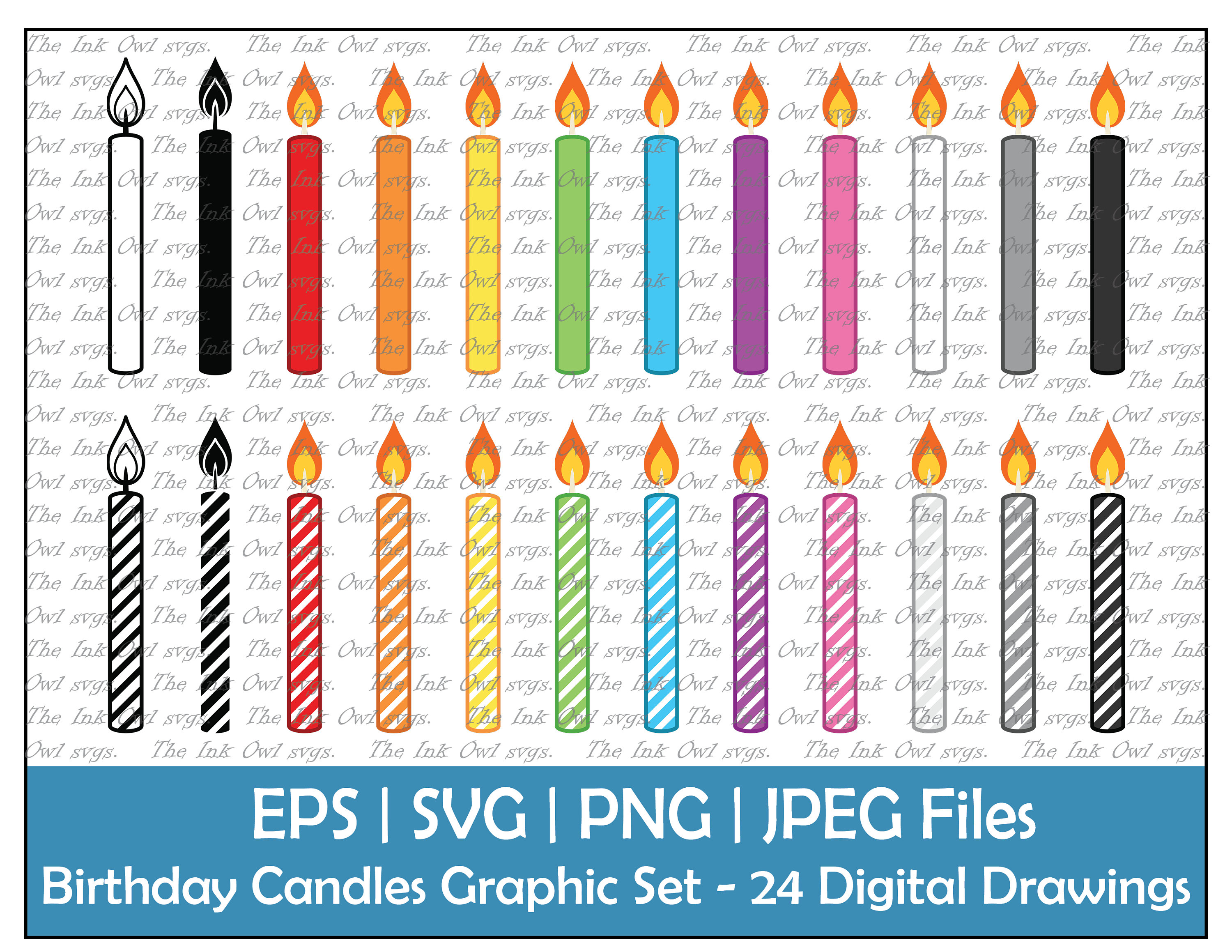 Birthday Candles Clipart Set / Outline, Stamp and Color Graphic ...